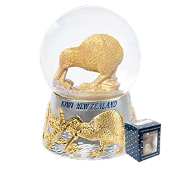 Gold Kiwi & NZ Map Snow Globe - RSG16M – New Zealand Souvenirs & Gifts